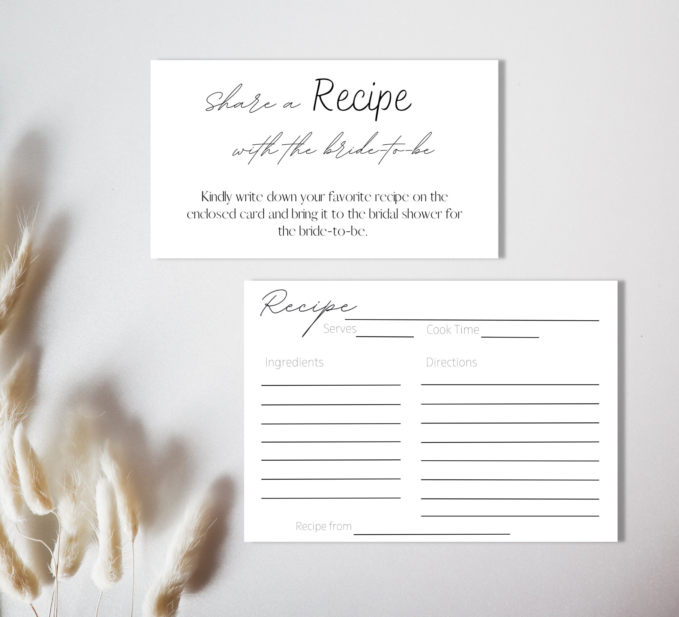 Minimalistic Recipe Cards, Bridal Shower Recipe Card Inserts, Boho ...