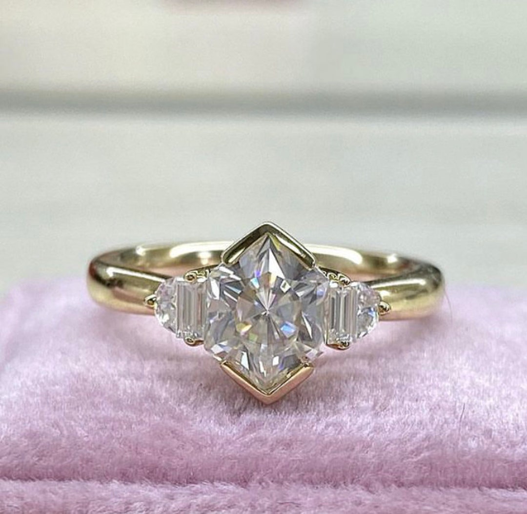 Hexagon Cut Moissanite Engagement Ring, 14K Yelloe Gold Brilliant Cut ...