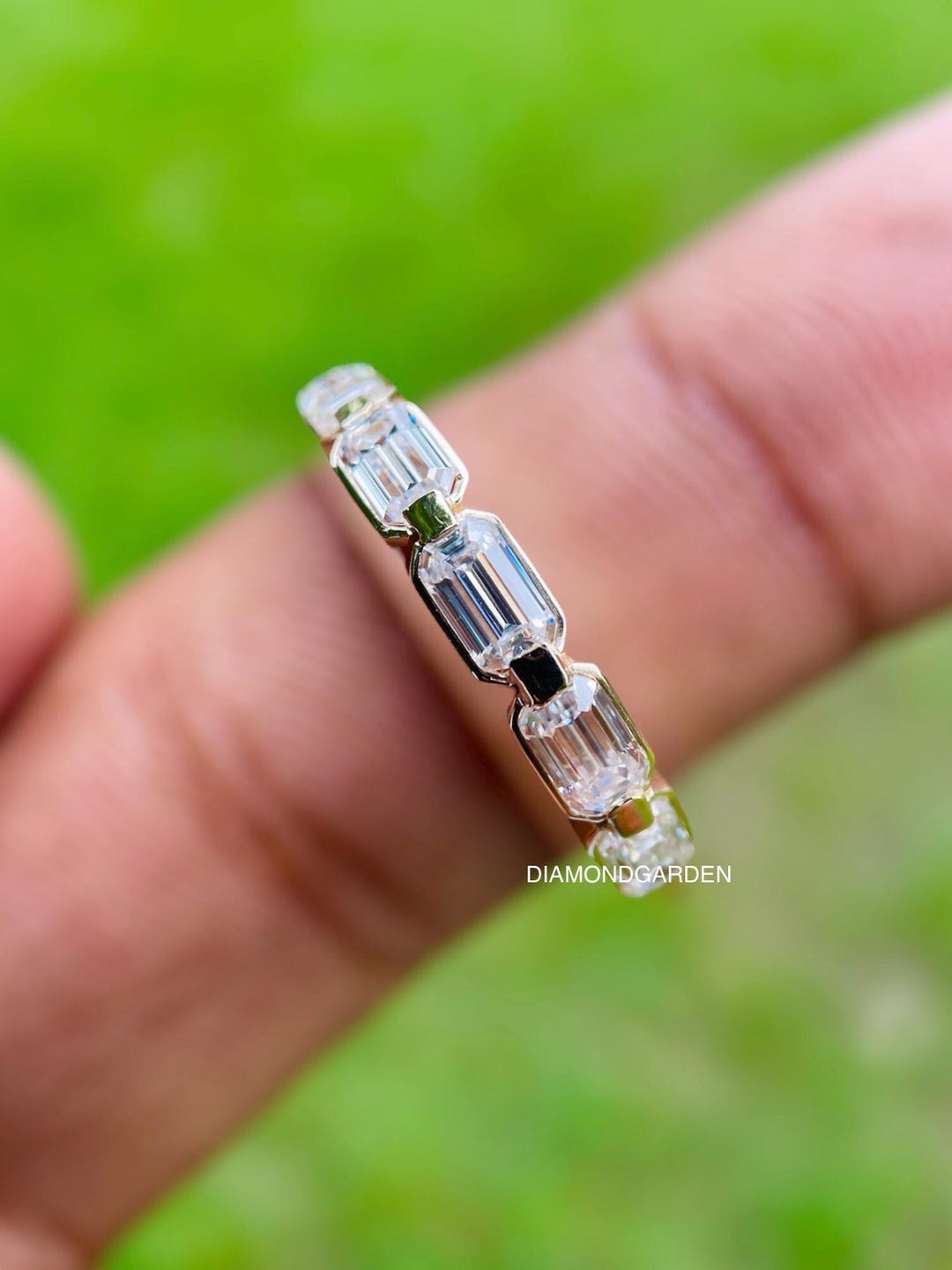 East West Emerald Cut Moissanite Eternity Wedding Band 14K Yellow Gold ...