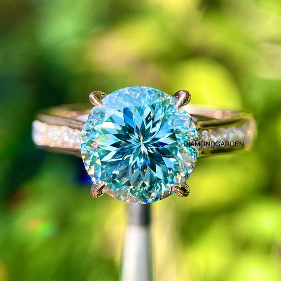 Vintage 3.5 CT Portuguese Cut Moissanite Engagement Ring Cyan Blue Green Portuguese Cut Moisssanite Wedding Ring Channel Set Wedding Band Etsy