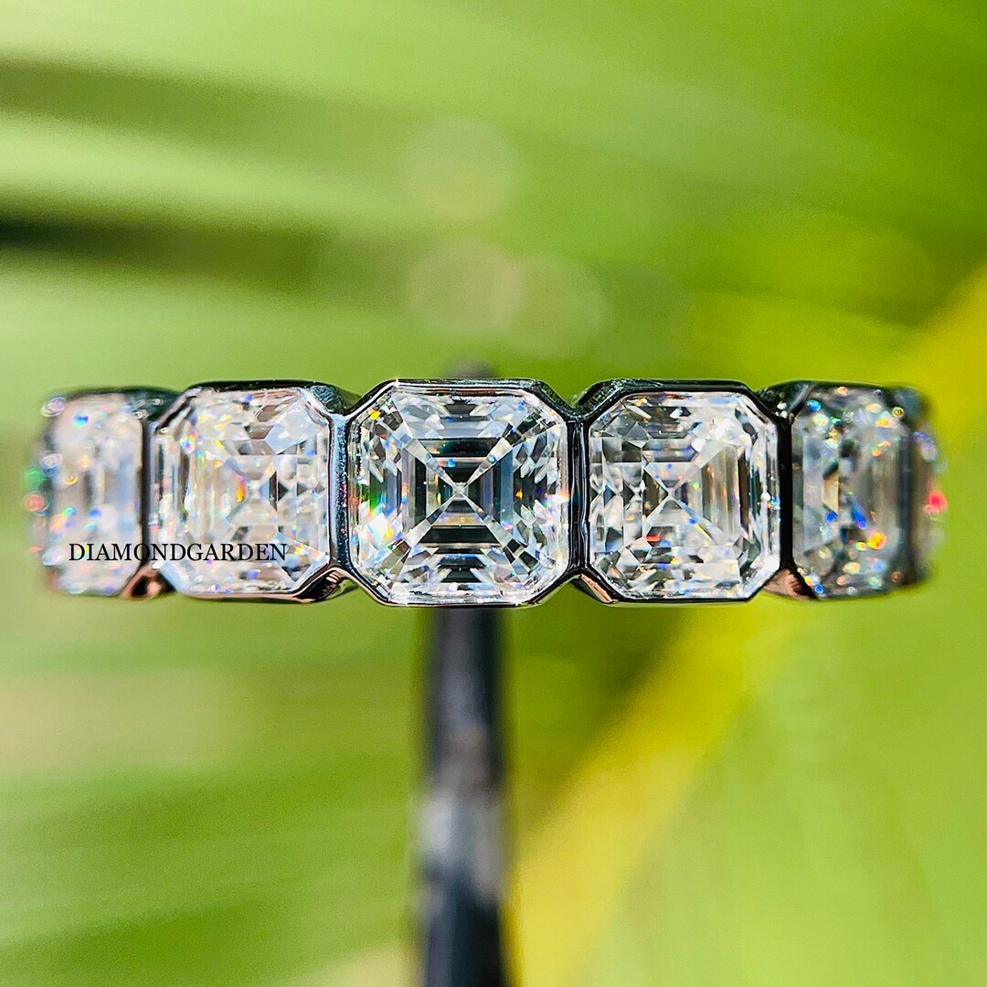 10 TCW Asscher Cut Moissanite Eternity Wedding Band, Bezel Set Asscher ...