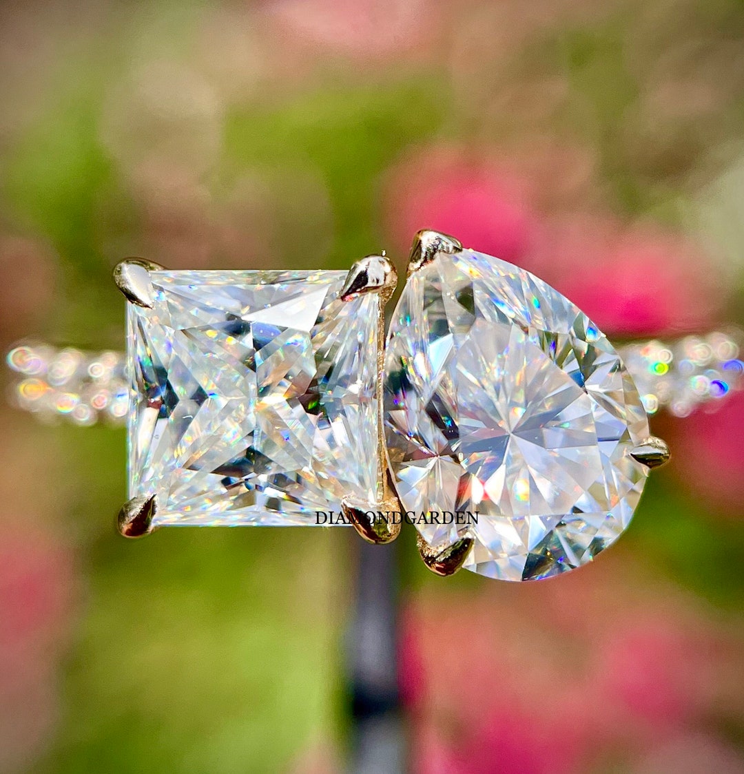 Princess Pear Cut Moissanite Engagement Ring, 14K Yellow Gold Two Stone ...