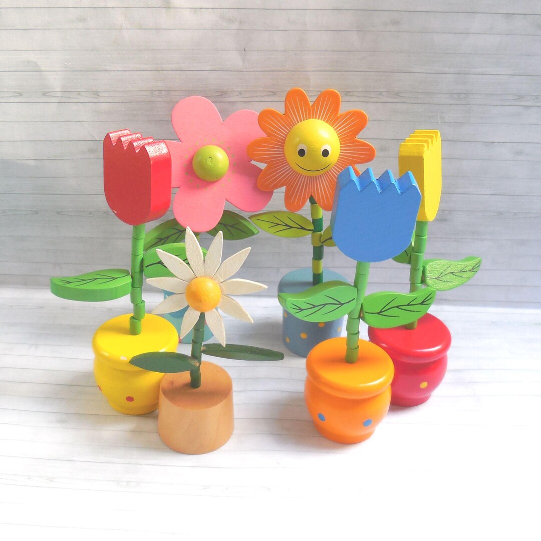 Flowers Daisy Tulip Push Puppets Floral - Press up Toy - Wakouwa Wood ...