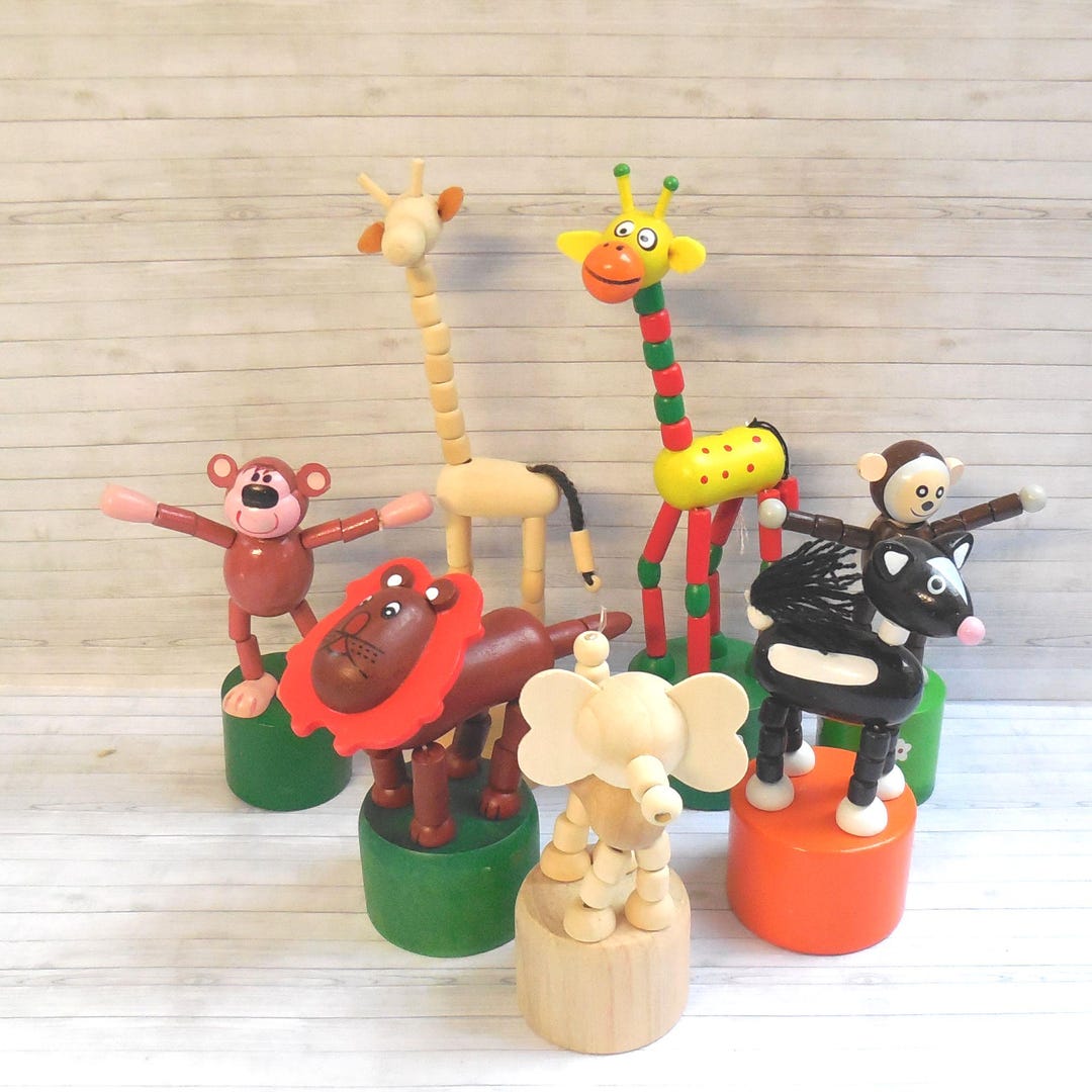 Jiggling Zoo Wild Animals Push Puppet Press up Toy Wakouwa Wood Novelty ...