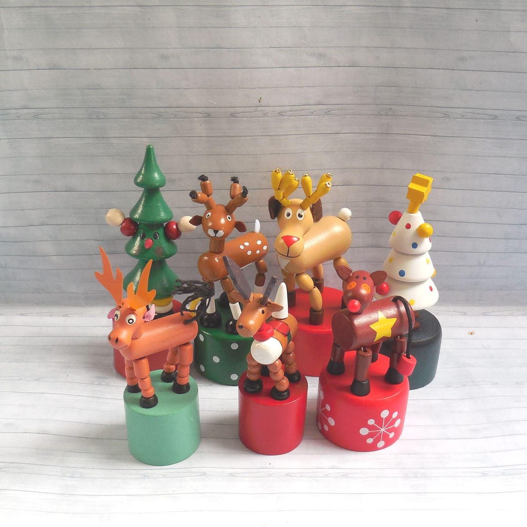 Christmas Push Puppet Reindeer Trees Push up Toy Wakouwa Wood Press ...