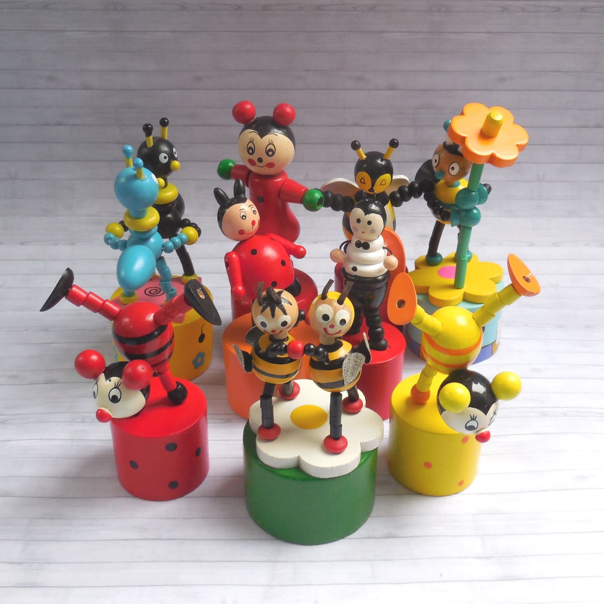 Ladybirds Ladybugs Beetles Bees Wasps Push Puppet Press up Toy Wakouwa Wood Novelty Push Up ...