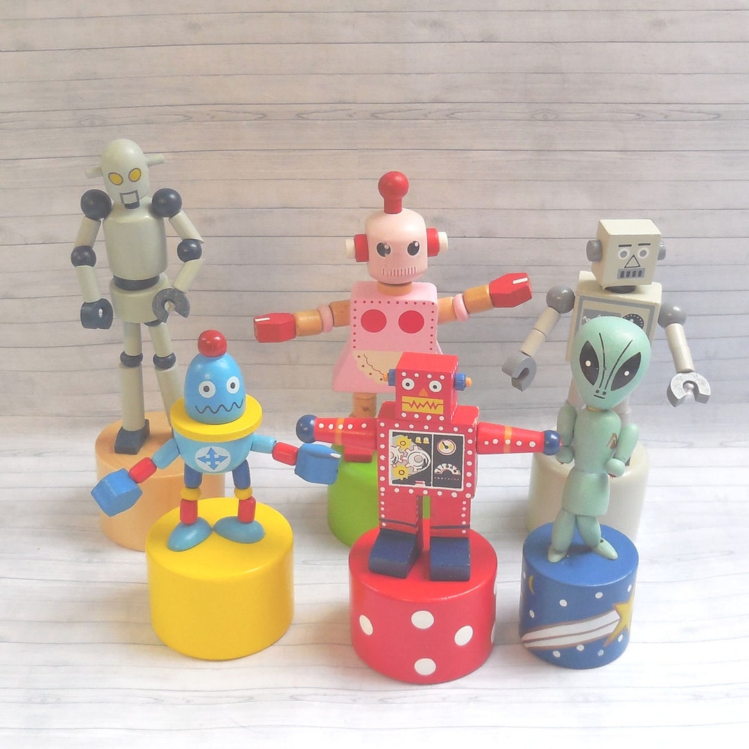 Robots Robot Space Push up Puppet Press Push Button Toy Novelty Wood ...