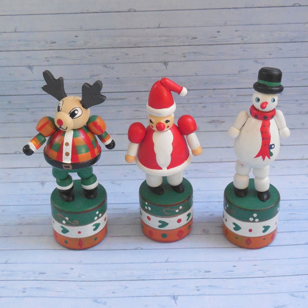 Reindeer Father Christmas Snowman Push Puppet Press up Toy Wakouwa Wood ...