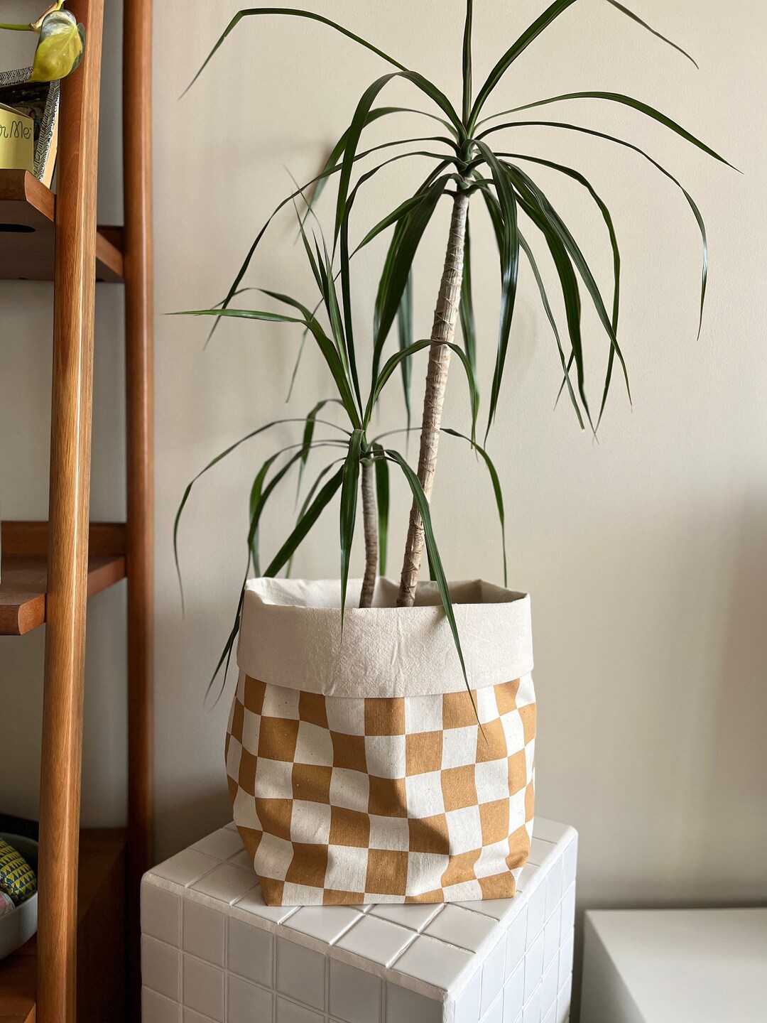 Plant Pot Cover, Reversible Fabric Planter | Mustard Checkerboard ...