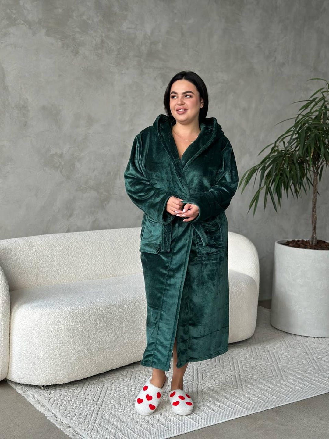 Warm Terry Robe Plus Size, Green Home Wear for Her Christmas Gift Long ...