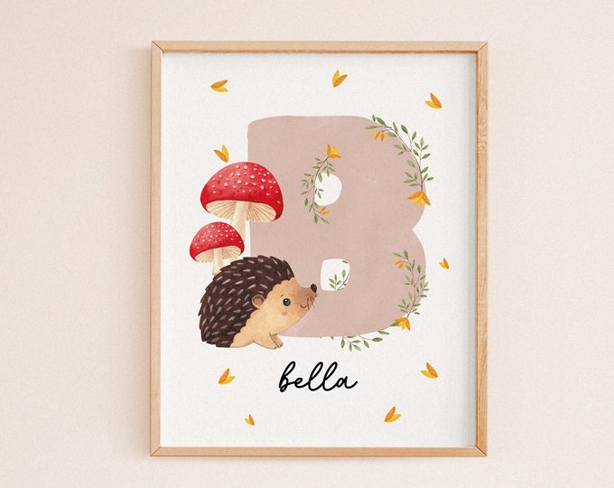Porcupine Name Initial Poster | Personalized Hedgehog Nursery Decor | Watercolor Woodland Wall ...