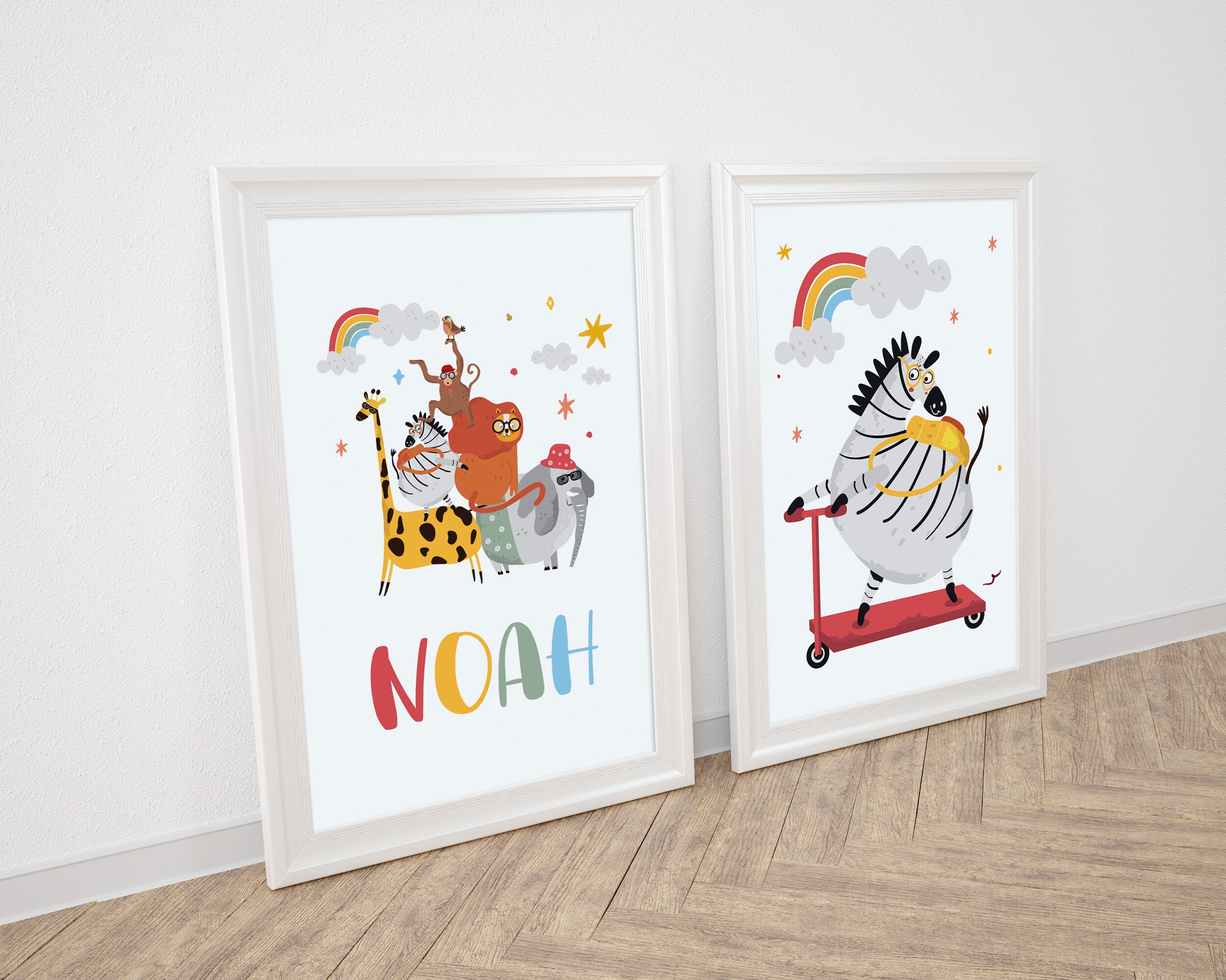 Zebra on Scooter Name Poster Set | Cute Watercolor Safari Animal Print ...