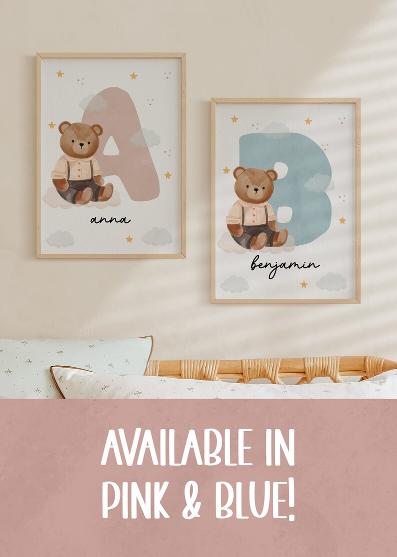 Custom Teddy Bear Name Initial Poster Personalized Nursery Decor ...