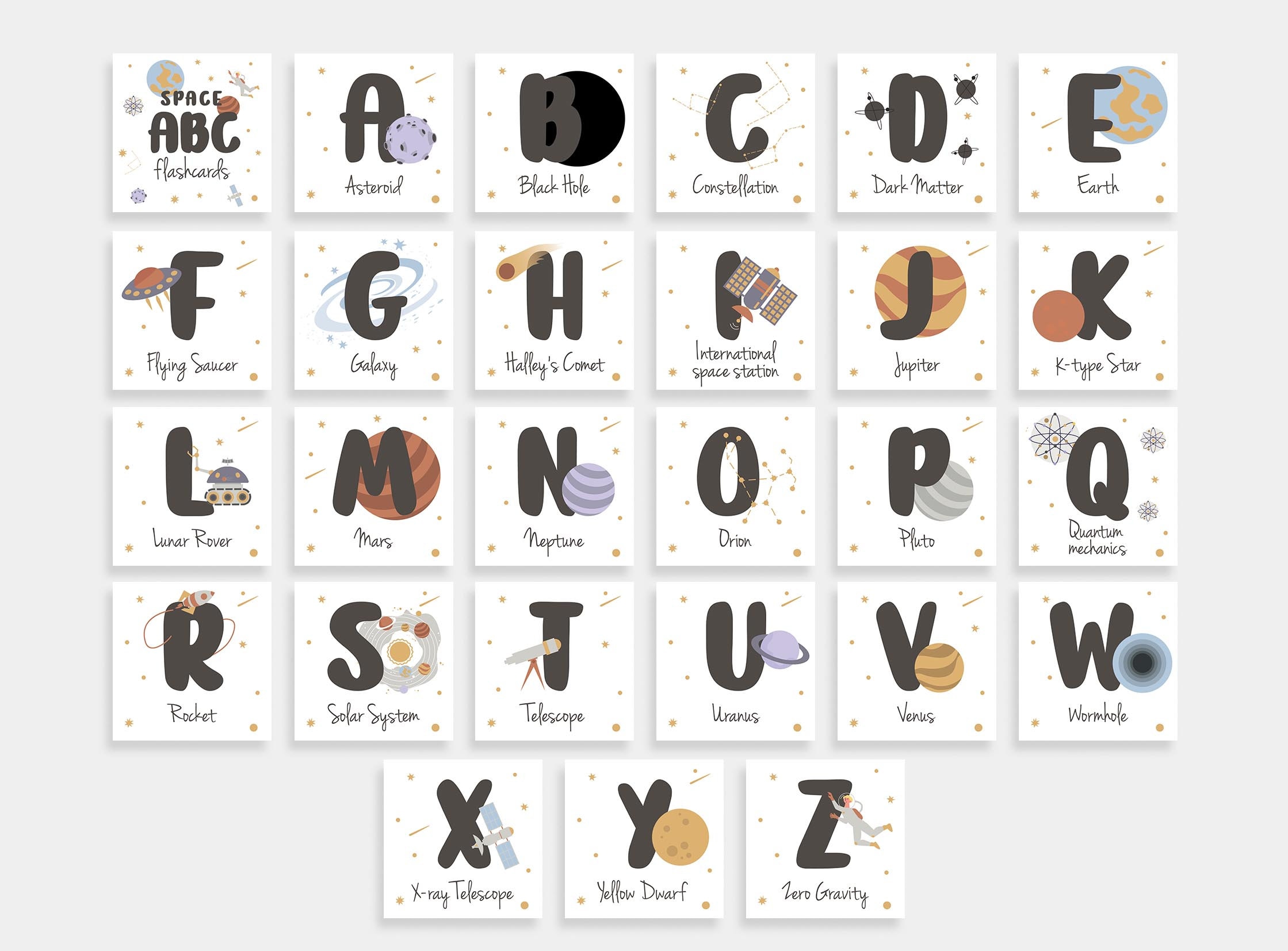 26 Outer Space Alphabet Flashcards | Preschool Flash Cards | Science ...