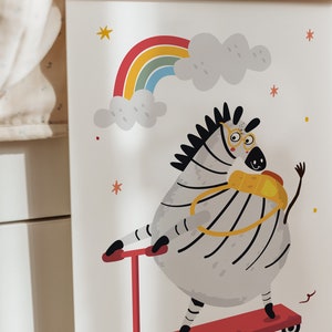 Zebra on Scooter Name Poster Set | Cute Watercolor Safari Animal Print ...