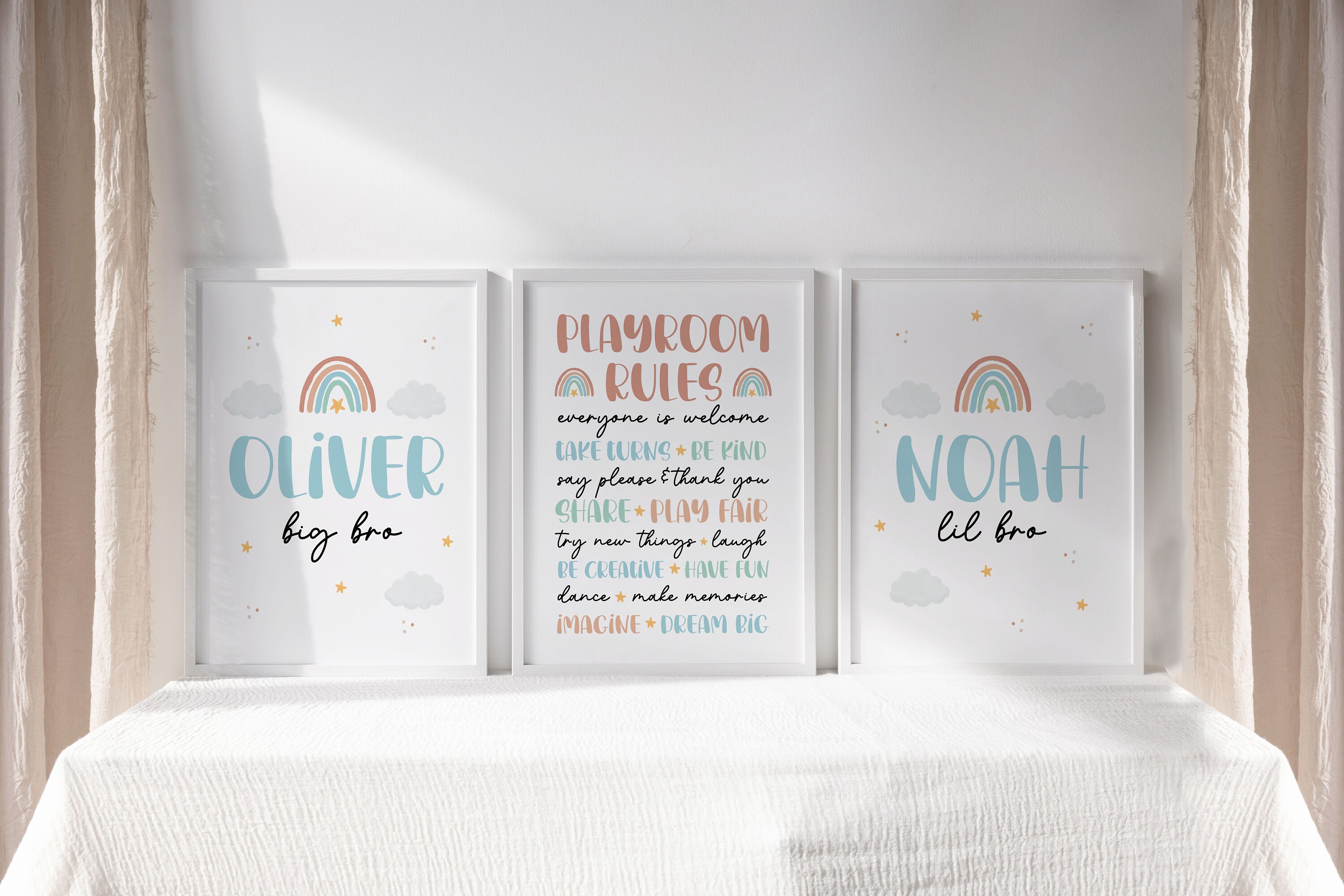 Custom Shared Playroom Rules Poster Set of 3 Name Print Boho Nursery ...