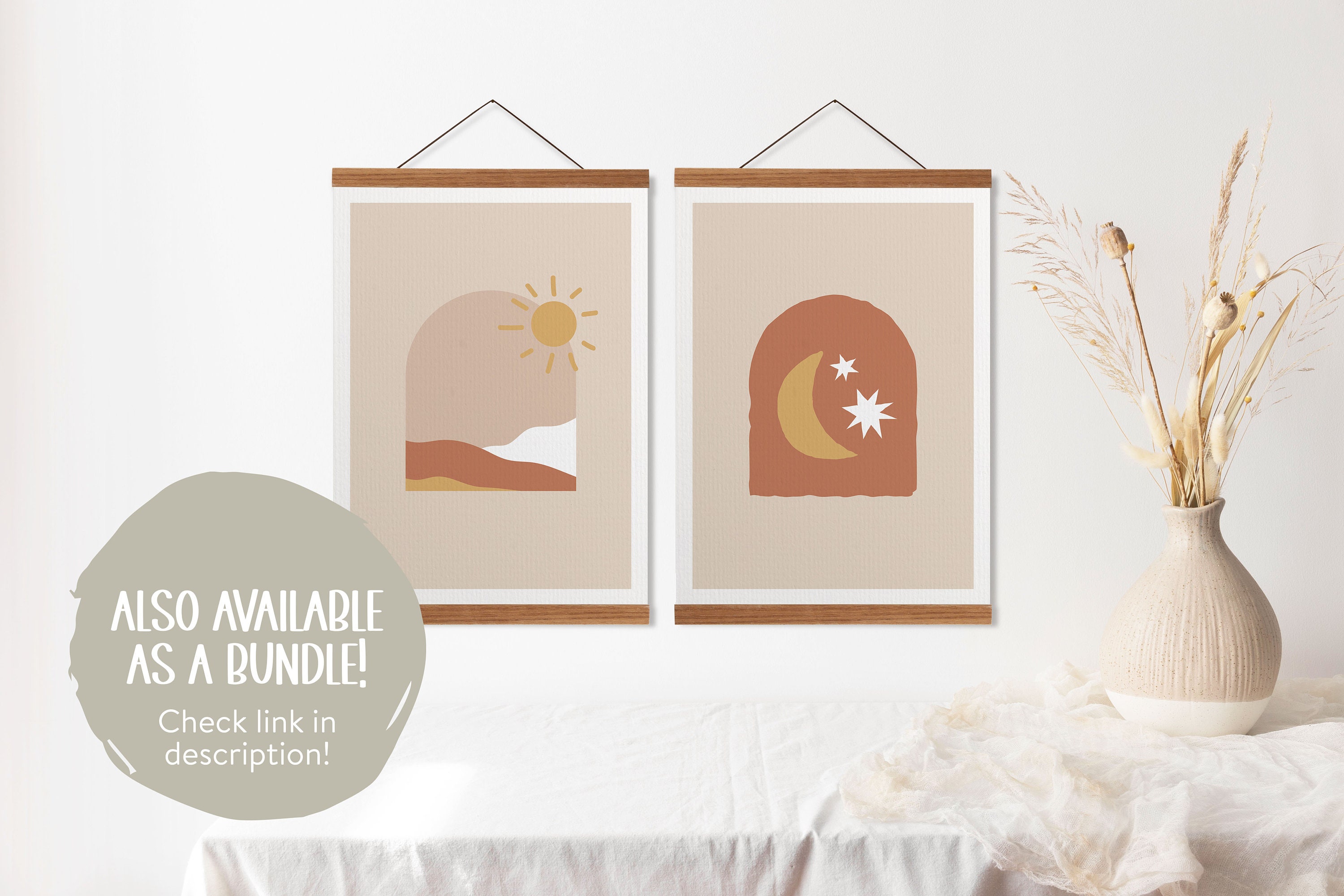Abstract Boho Sun and Landscape Print Minimalist Sunrise Over Mountains ...