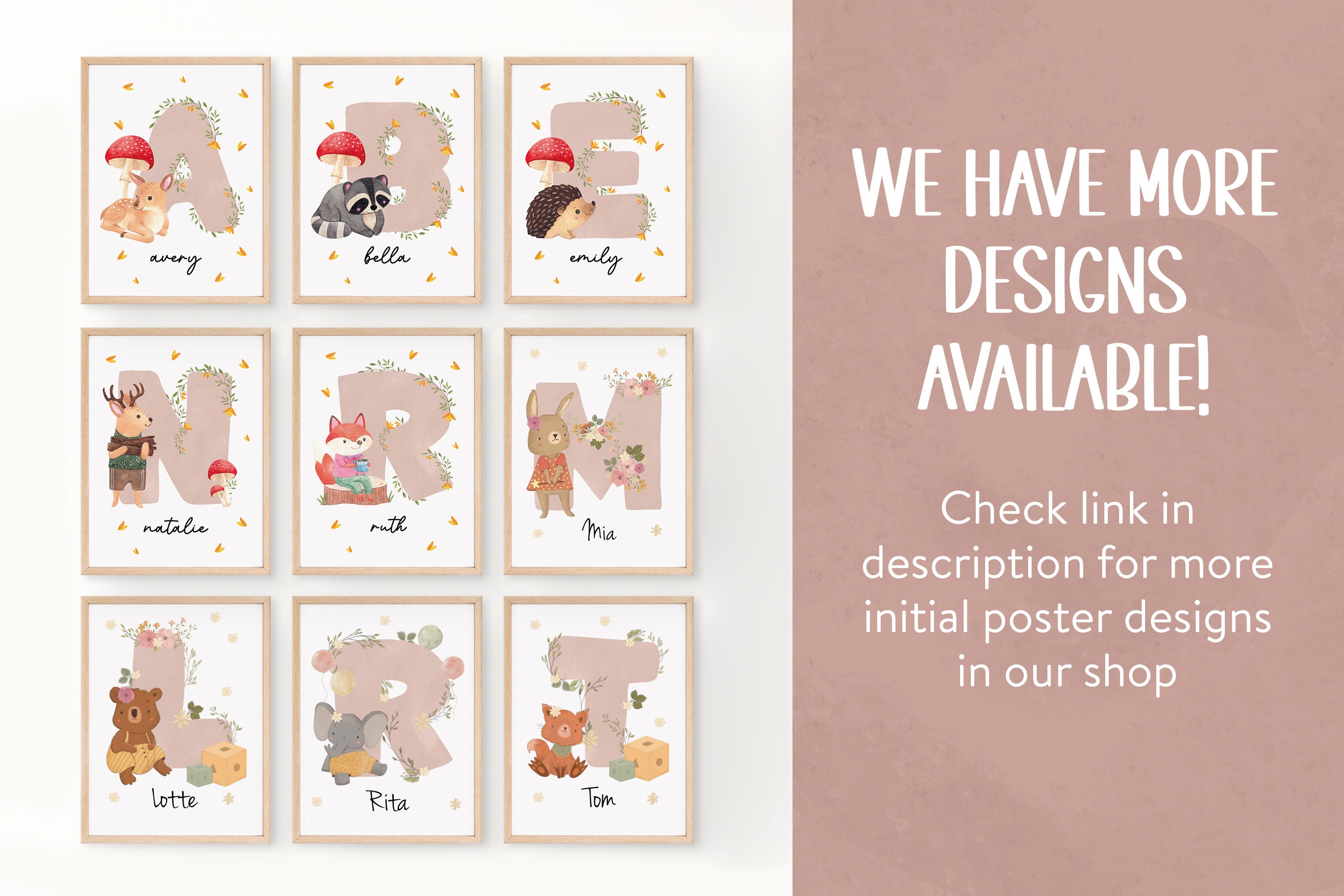 Custom Deer Name Initial Poster Personalized Nursery Decor Watercolor Woodland Wall Art Initial ...