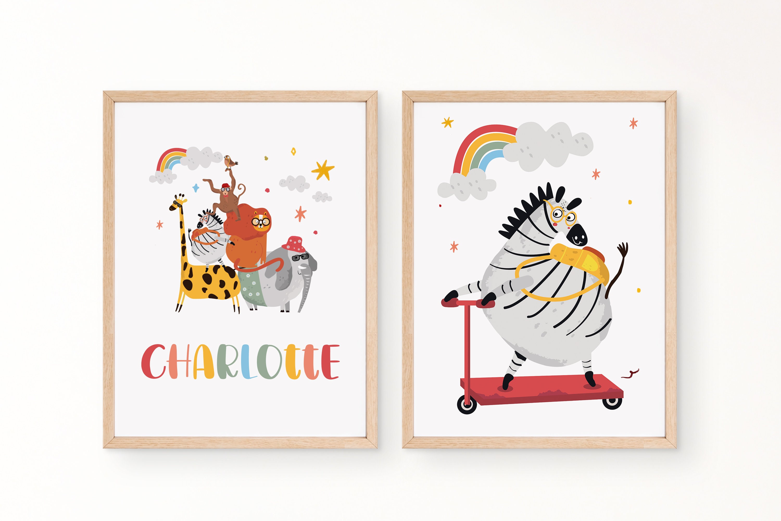 Zebra on Scooter Name Poster Set | Cute Watercolor Safari Animal Print ...
