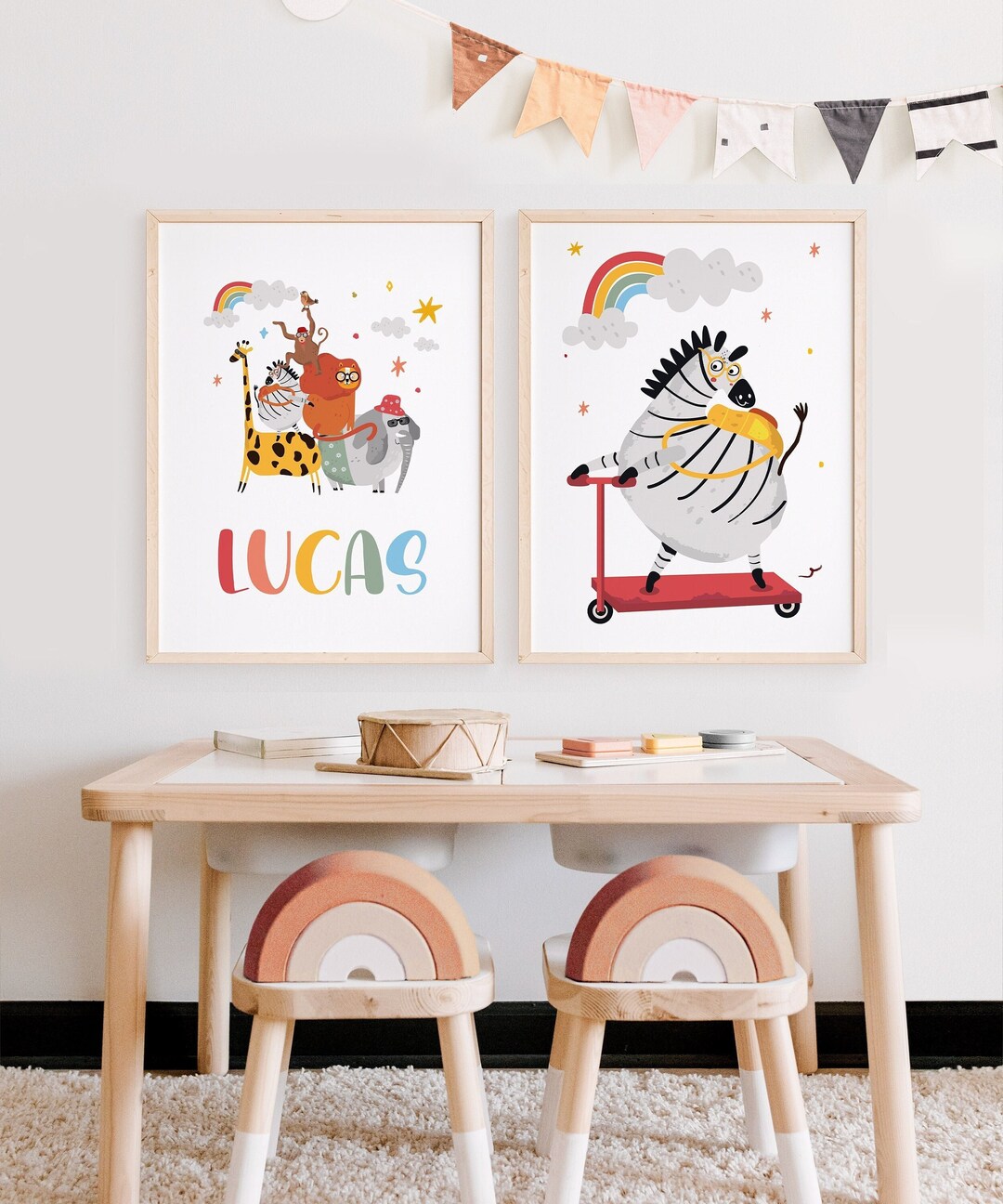 Zebra on Scooter Name Poster Set | Cute Watercolor Safari Animal Print ...