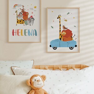 Funny Safari Animals Driving Name Poster Set | Cute Watercolor Lion ...