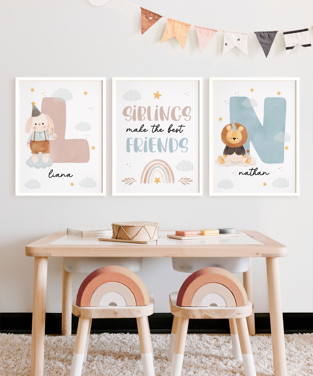 Custom Siblings Room Poster Set | Name Initial Print | Woodland Nursery ...
