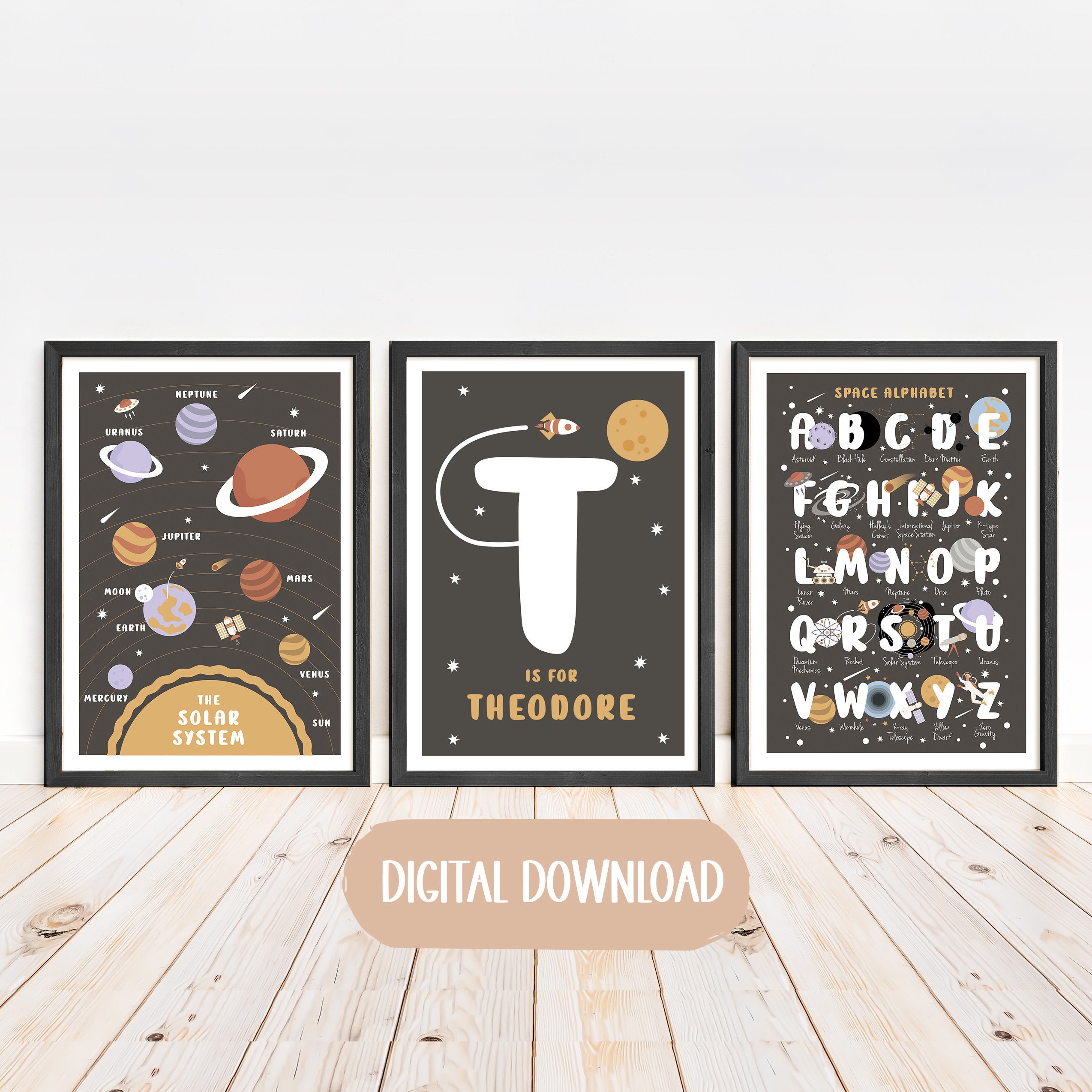 Space Name Initial Poster Set Alphabet & Solar System Prints ...