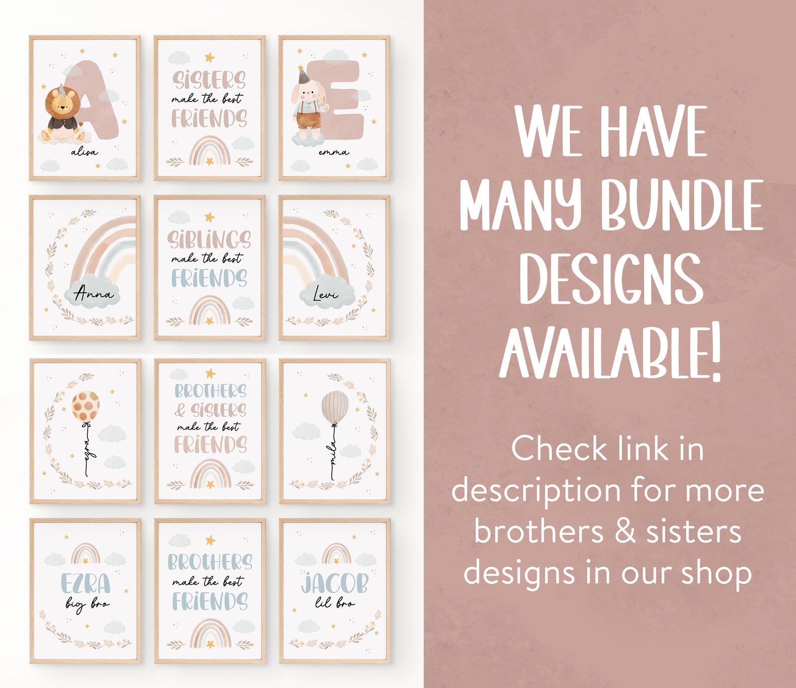 Custom Siblings Shared Room Poster Set | Name Print | Boho Nursery ...