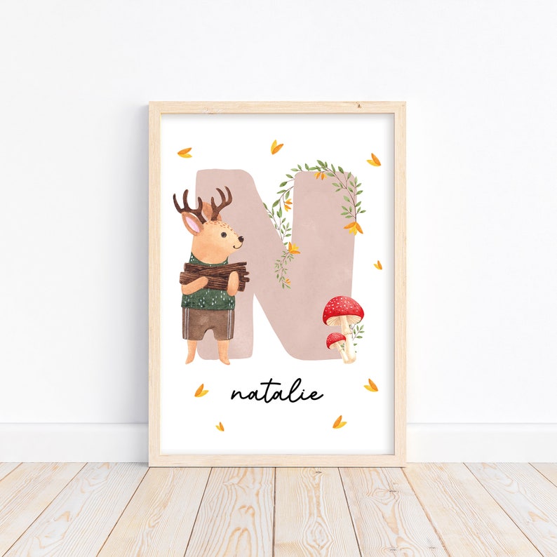 Custom Deer Name Initial Poster Personalized Nursery Decor Watercolor ...