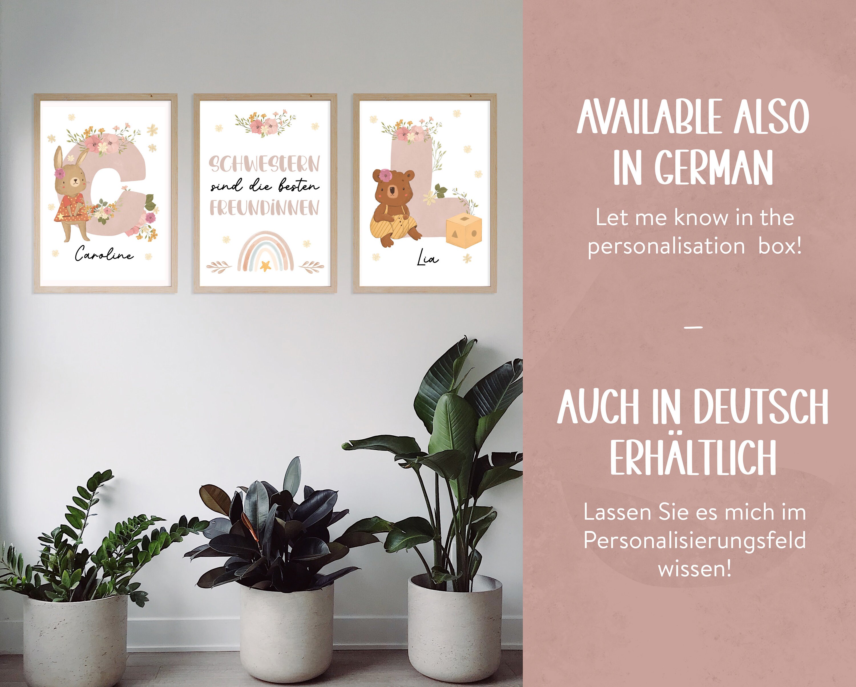 Custom Sisters Room Poster Set | Name Initial Print | Woodland Nursery ...