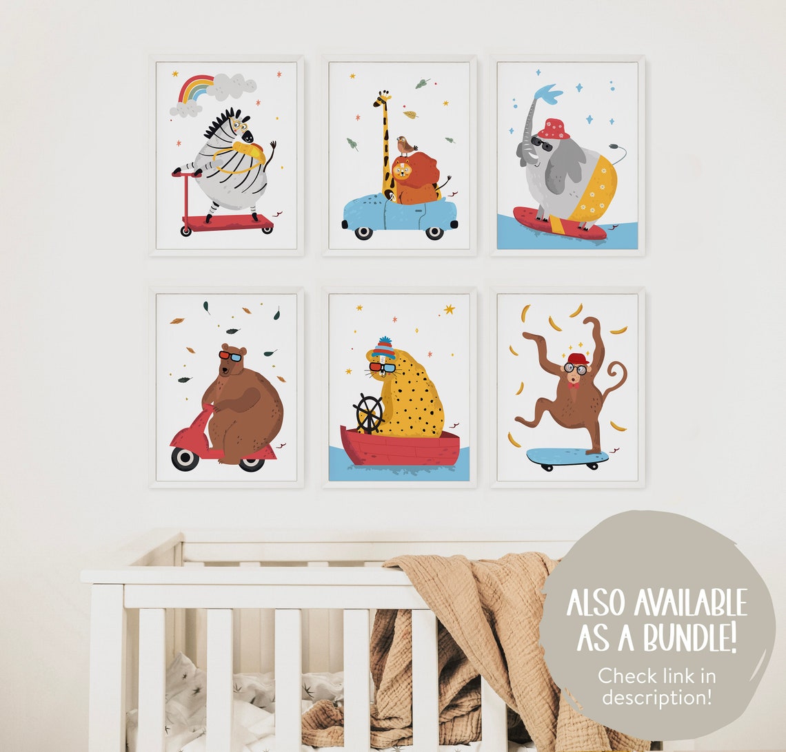 Funny Safari Animals Driving Poster Cute Watercolor Lion Bird Giraffe ...