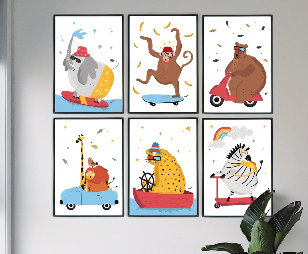 Funny Safari Animals Poster Set | Giraffe, Bear, Cheetah, Lion, Monkey ...