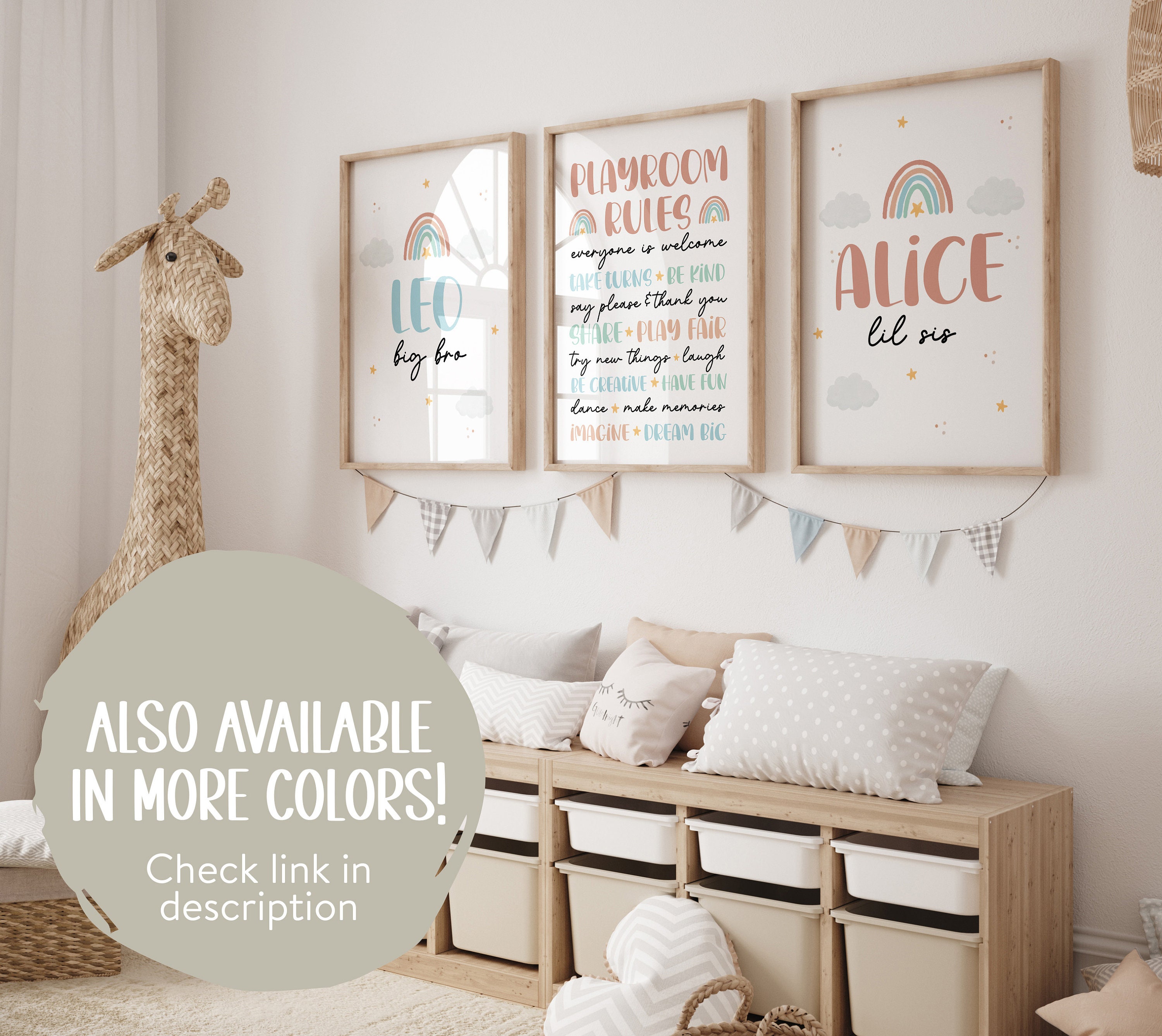 Custom Shared Playroom Rules Poster Set of 3 Name Print Boho Nursery ...