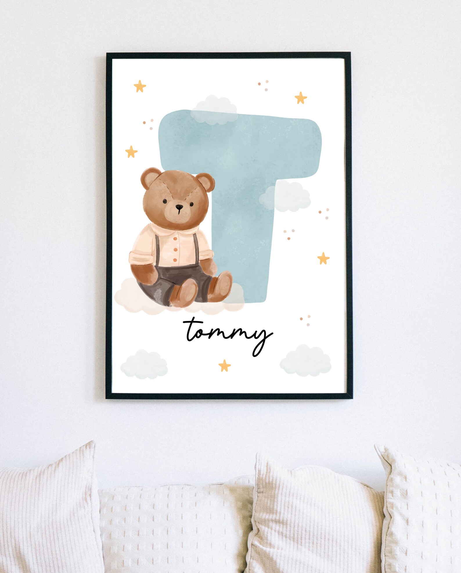 Custom Teddy Bear Name Initial Poster Personalized Nursery Decor Watercolor Woodland Wall Art ...