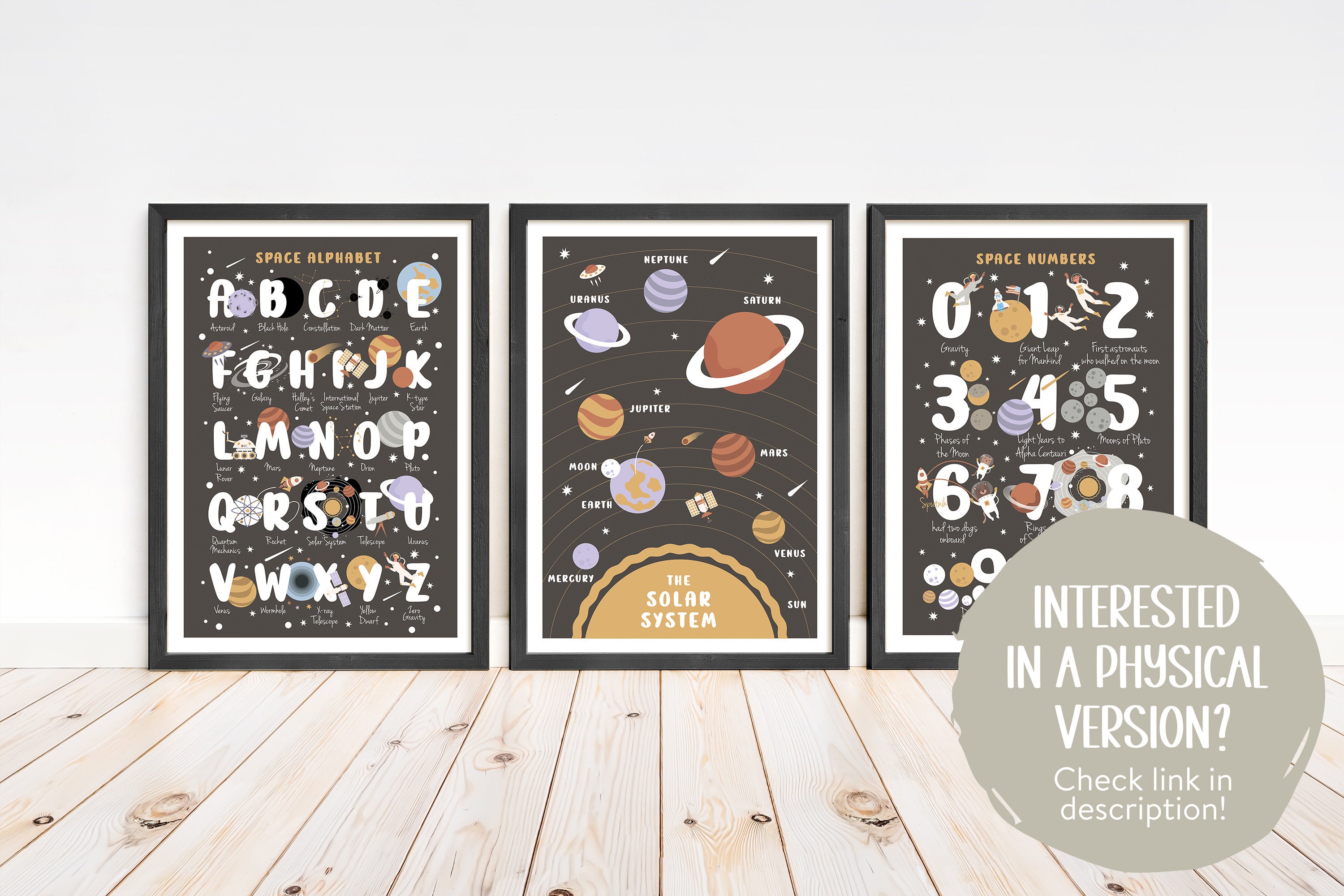 Space Educational Poster Set | Alphabet, Numbers & Solar System | Grey ...
