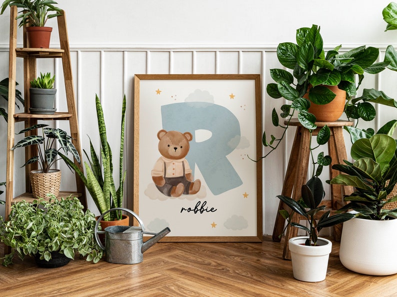 Custom Teddy Bear Name Initial Poster Personalized Nursery Decor ...