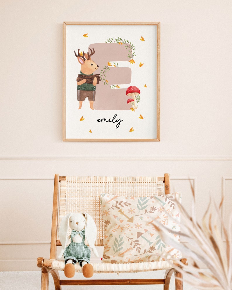 Custom Deer Name Initial Poster Personalized Nursery Decor Watercolor ...
