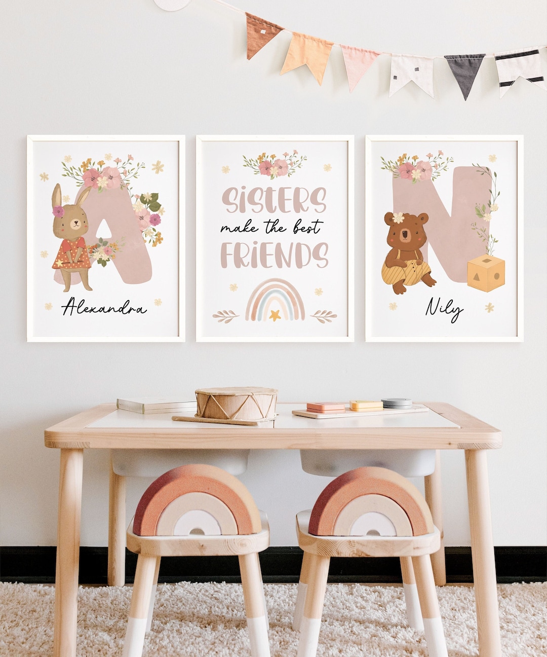 Custom Sisters Room Poster Set | Name Initial Print | Woodland Nursery ...