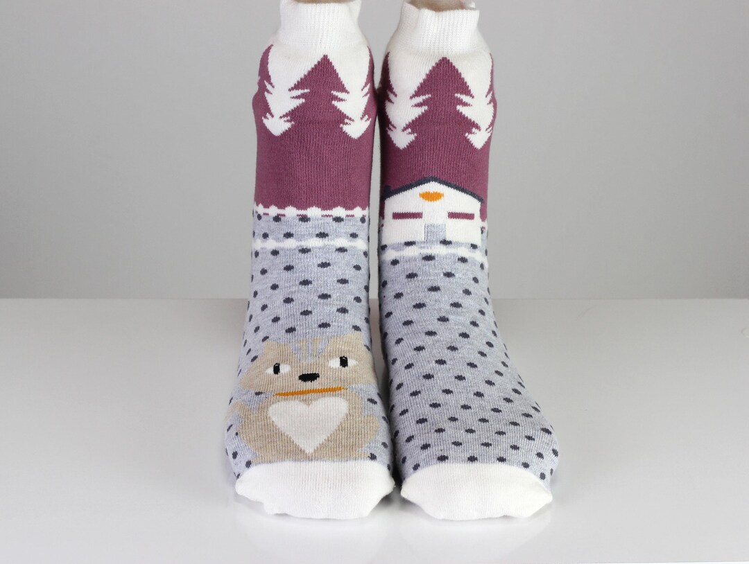 Personalized Winter Socks Custom Embroidered Socks Dog Cabin Crew Socks Cozy Forest Pine Tree ...