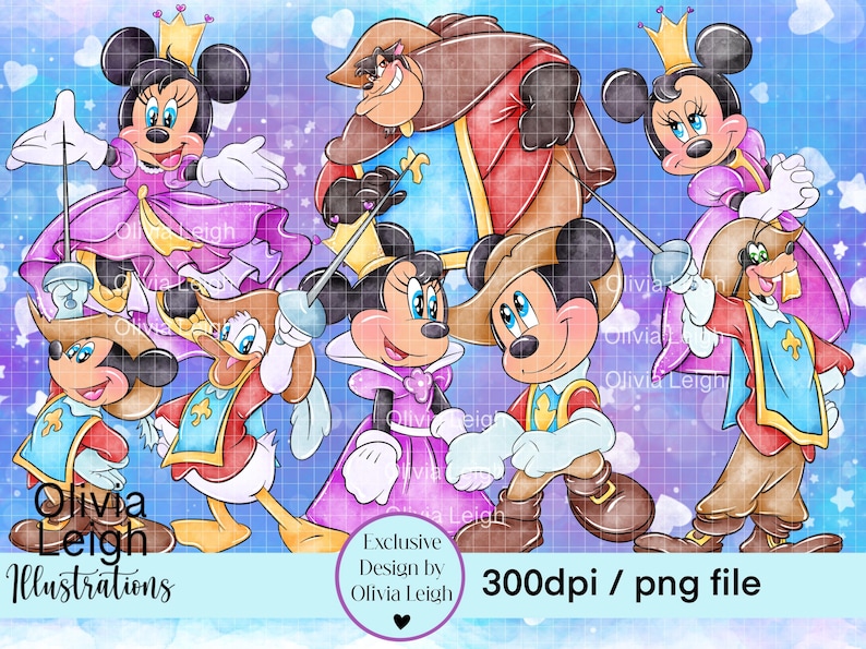 Mickey and Minnie, the Three Musketeers Hand Drawn Watercolour Clipart ...