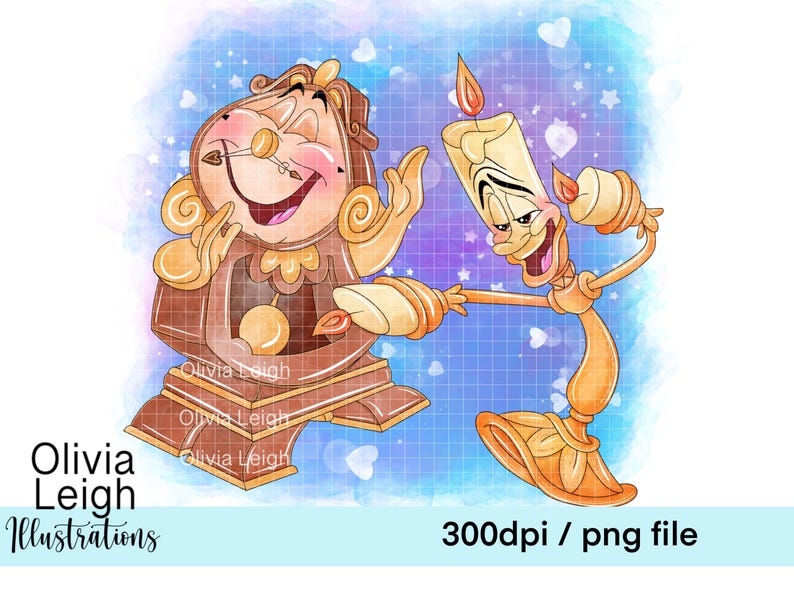 Princess Beauty and the Beast, Cogsworth and Lumiere Watercolour ...