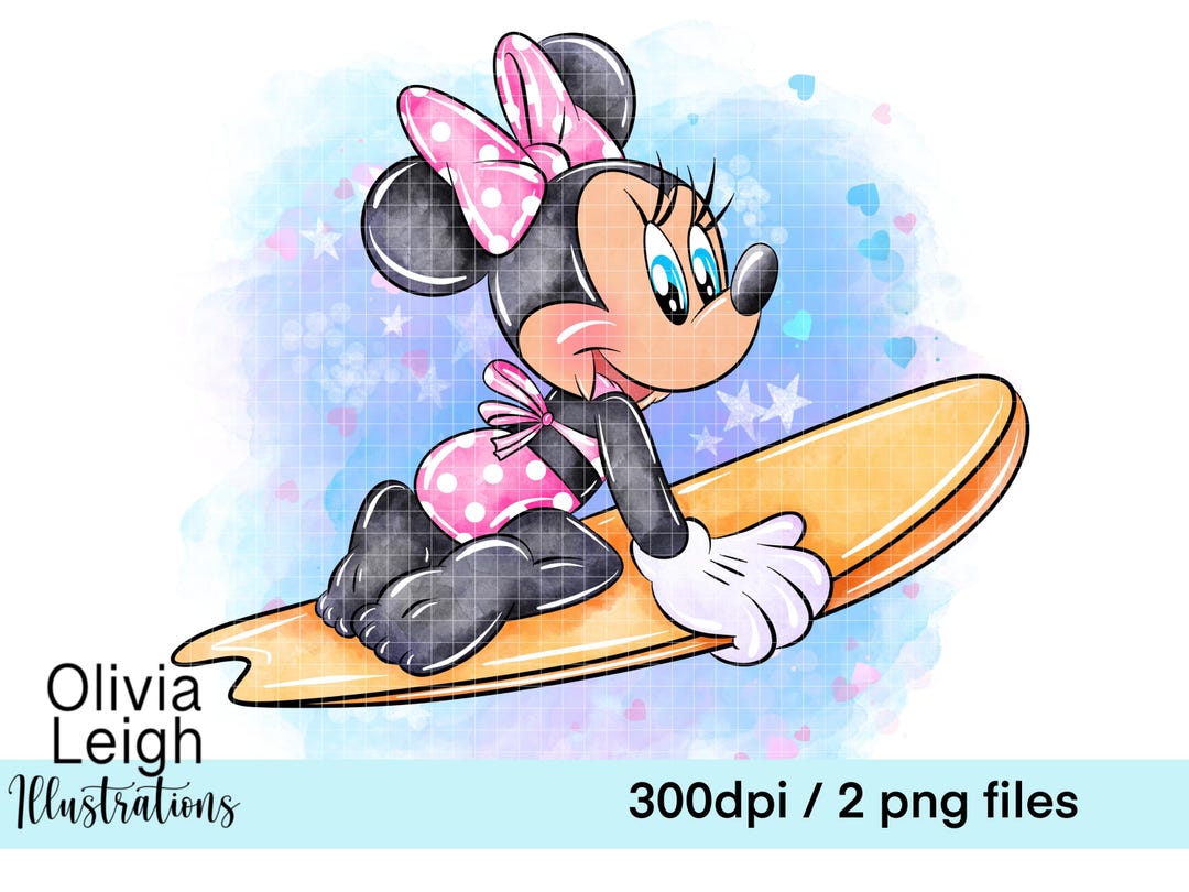 Minnie Mouse Surfing Summer Time Holidays Pool Party Watercolour ...