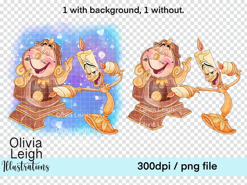 Princess Beauty and the Beast, Cogsworth and Lumiere Watercolour ...