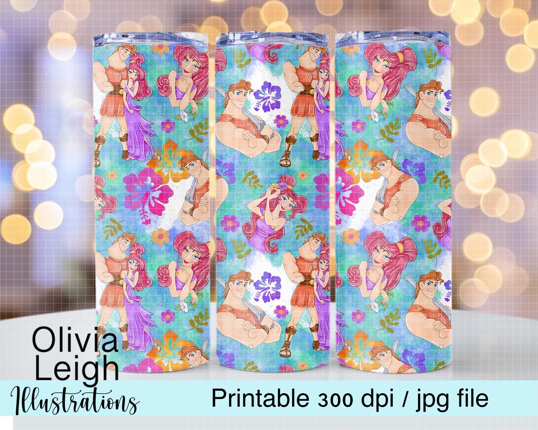 Hercules and Megara Watercolour 20oz Skinny Tumbler Cup Wrap, Digital ...