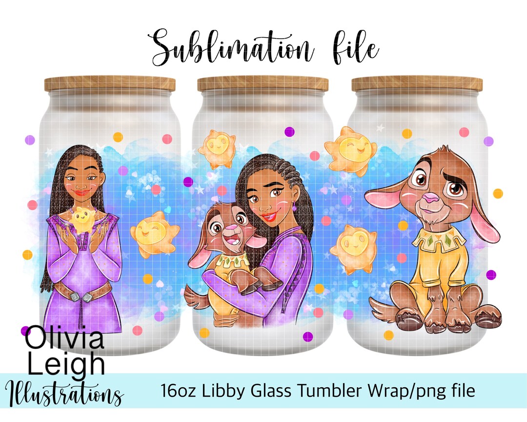 Princess Asha, Wish Cute Watercolour 16oz Libby Glass Tumbler Cup Wrap ...