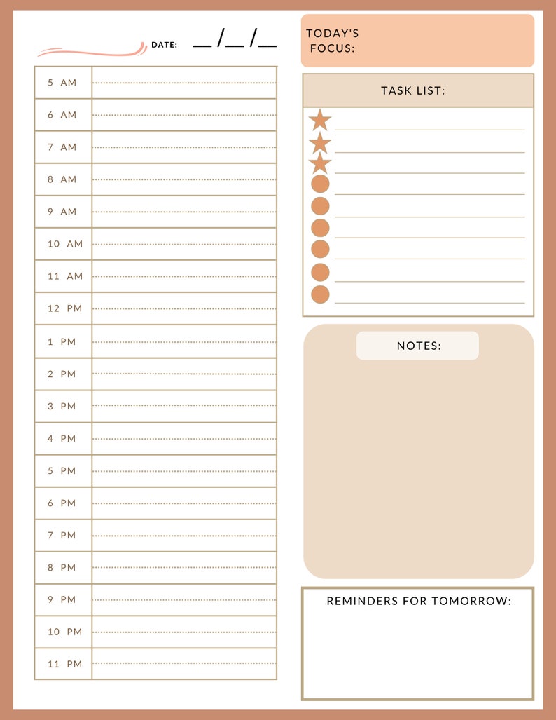 Undated Daily Planner, Printable, Downloadable, Time Schedule, Task ...