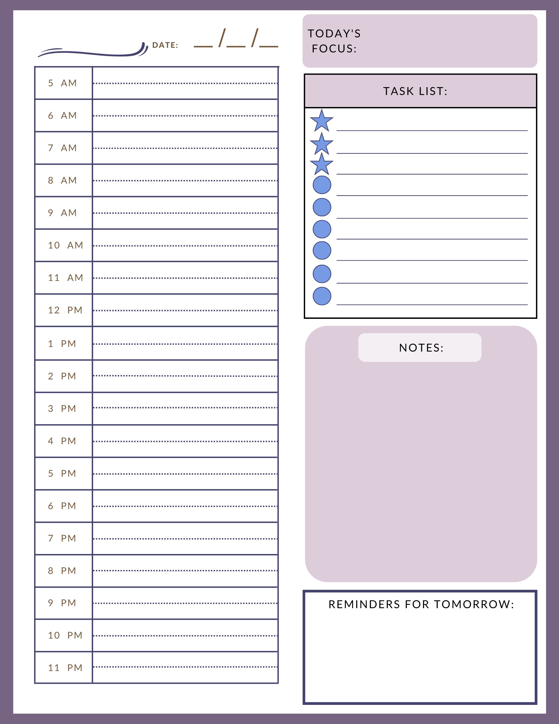 Undated Daily Planner, Printable, Downloadable, Time Schedule, Task ...