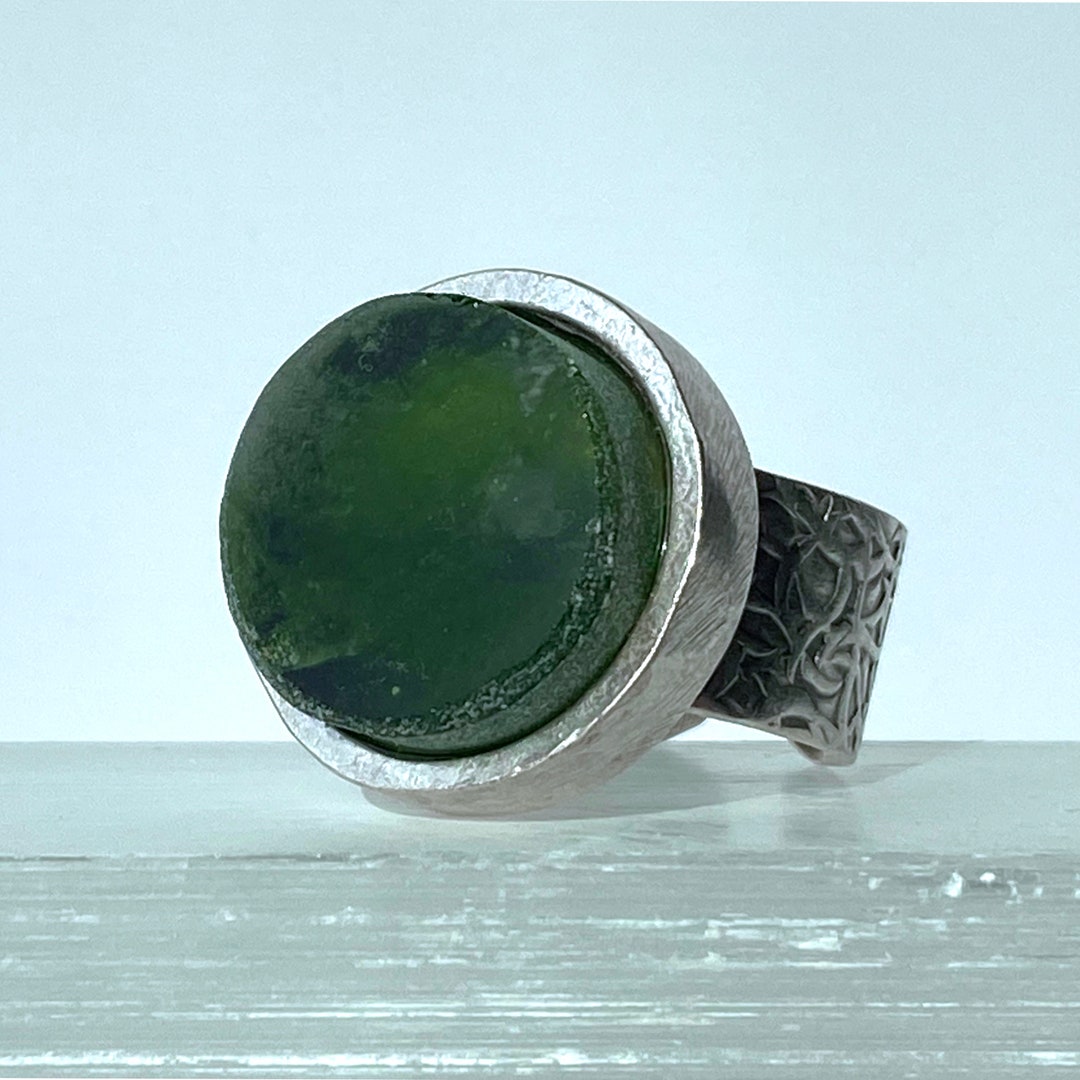 Recycled Green Glass Cocktail Ring, Adjustable Brass Band, Eco Friendly ...