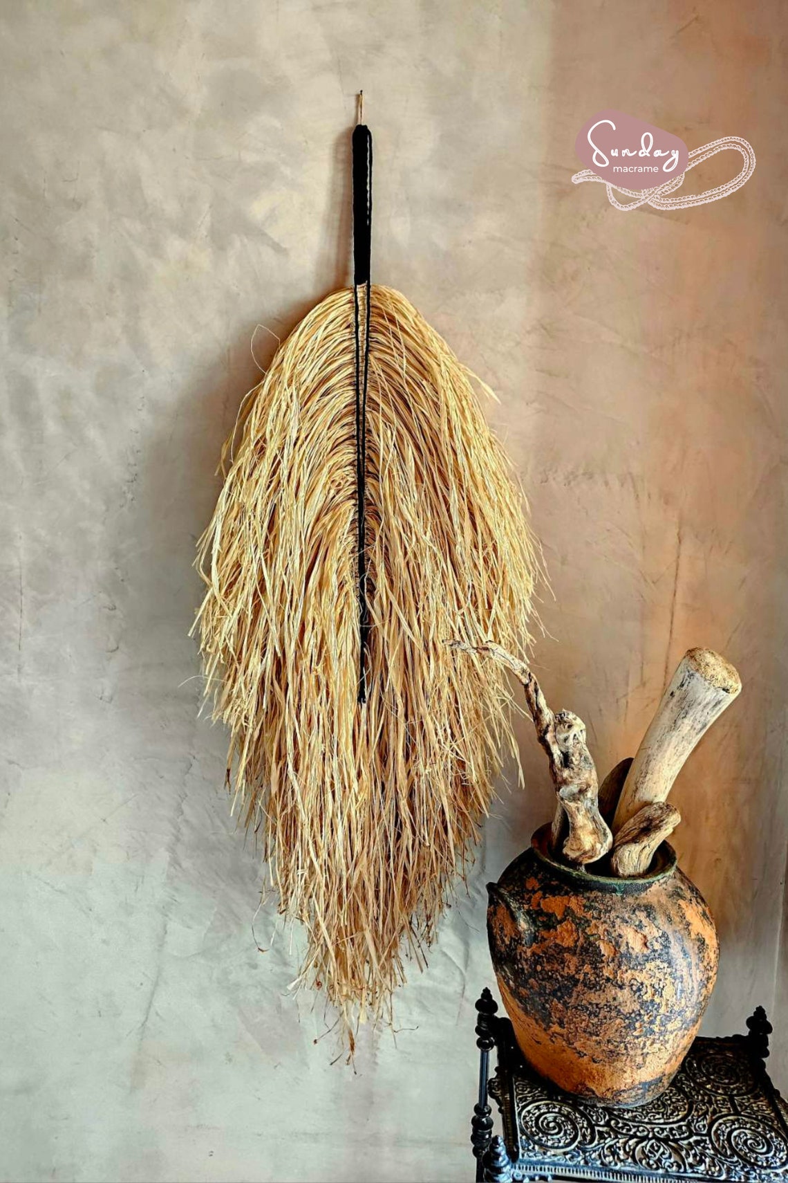 Extra Large Raffia Fringe Leaf Natural Boho Feather Wall Hanging, Warm ...