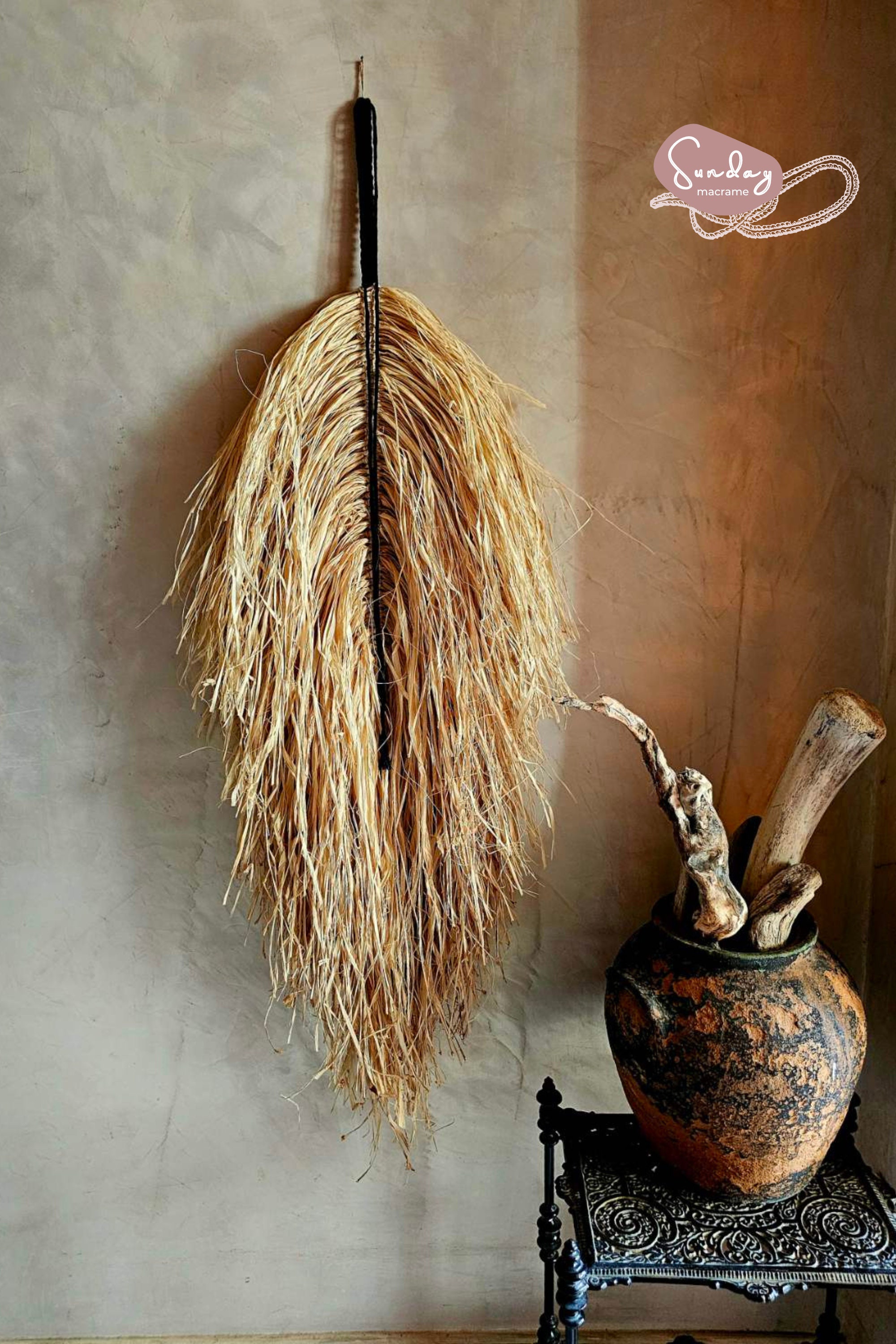 Extra Large Raffia Fringe Leaf Natural Boho Feather Wall Hanging, Warm ...